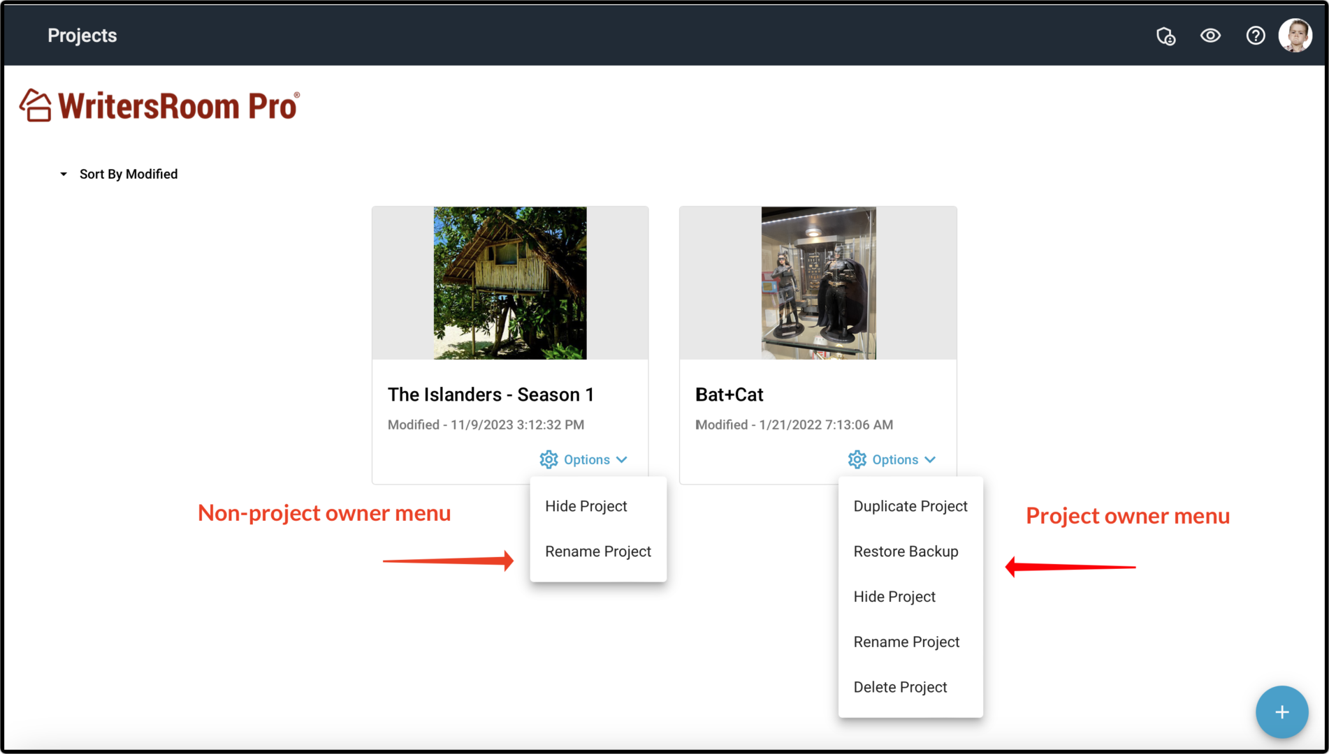 The Menus – WritersRoom Pro